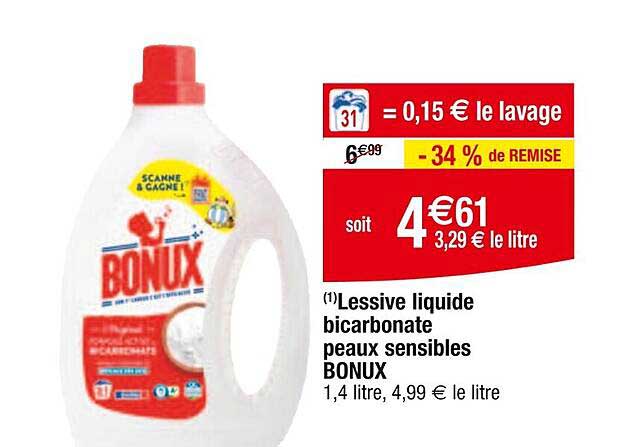 Promo Lessive Liquide Bicarbonate Peaux Sensibles Bonux chez Carrefour ...