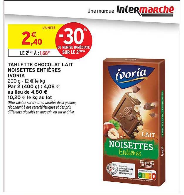 Promo Tablette Chocolat Lait Noisettes Entieres Ivoria chez Intermarché ...
