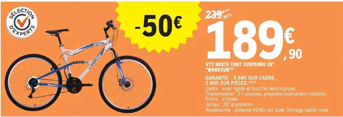 Promo Vtt Mixte Tout Suspendu 26" "Woodsun" chez E.Leclerc ...