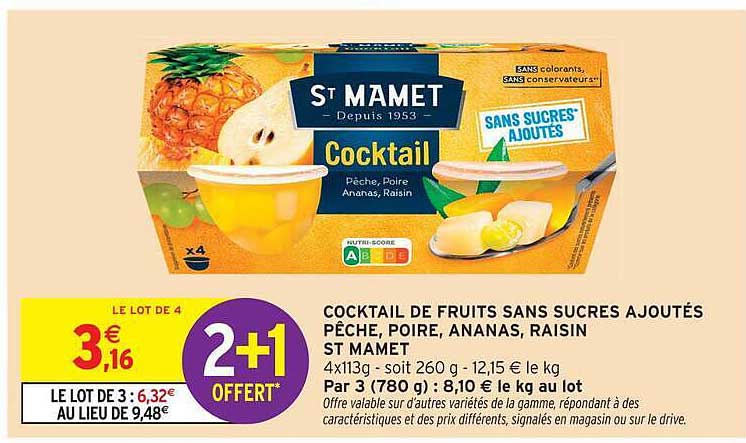 Promo Cocktail De Fruits Sans Sucres Ajoutés Pêche, Poire, Ananas ...