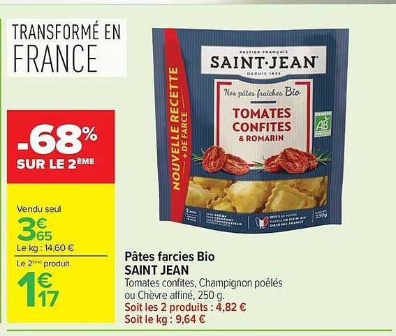 Promo Pâtes Farcies Bio Saint Jean Tomates Confites, Champignon Poêlés ...