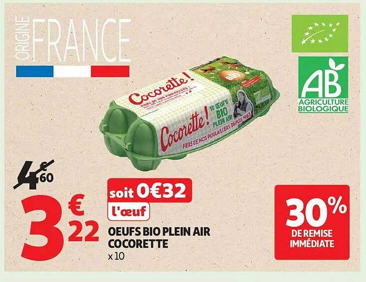 Promo Oeufs Bio Plein Air Cocorette X 10 chez Auchan Supermarché ...
