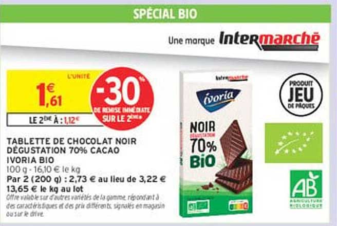 Promo Tablette De Chocolat Noir Dégustation 70% Cacao Ivoria Bio chez ...