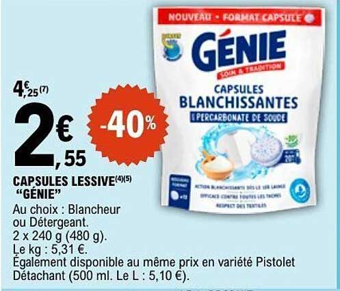 Promo Capsules Lessive «Génie» chez E.Leclerc - 123Catalogue.fr
