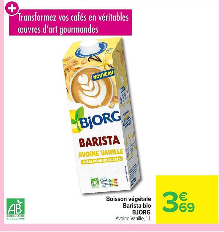 Promo Boisson Végétale Barista Bio Bjorg Avoine Vanille, 1L chez ...