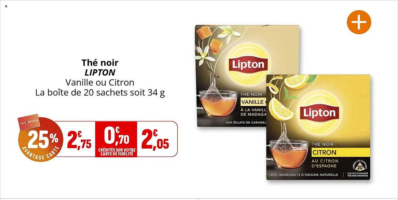 Promo Thé Noir Lipton Vanille Ou Citron La Boîte De 20 Sachets Soit 34 ...
