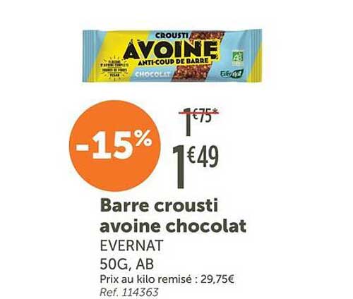 Promo Barre Crousti Avoine Chocolat Evernat 50G, Ab chez L'Eau Vive ...