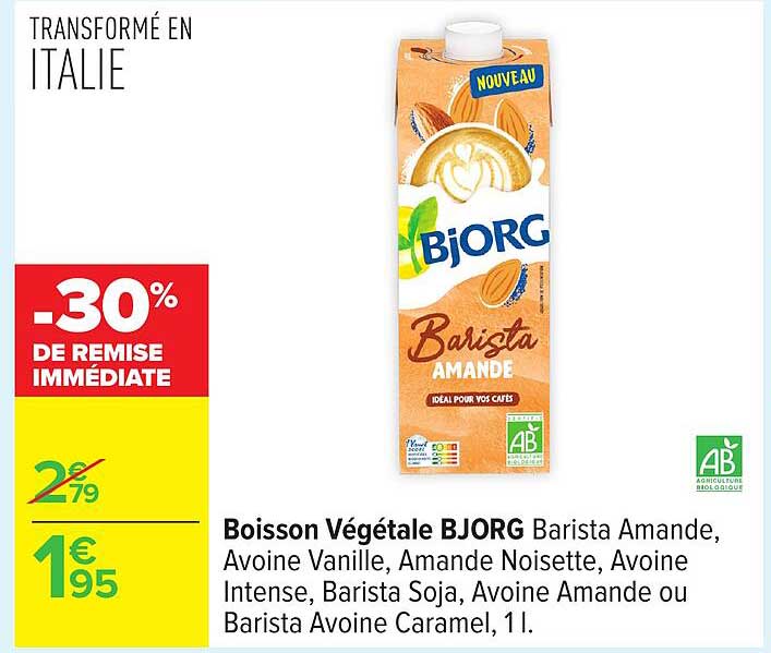 Promo Boisson Végétale Bjorg Barista Amande, Avoine Vanille, Amande ...