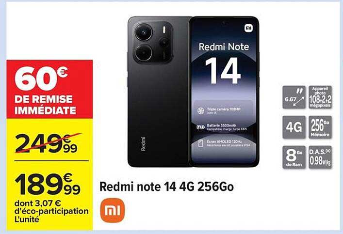 Promo Redmi Note 14 4G 256Go chez Carrefour - 123Catalogue.fr