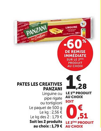 Promo Pates Les Creatives Panzani Linguine Ou Pipe Rigate Ou ...