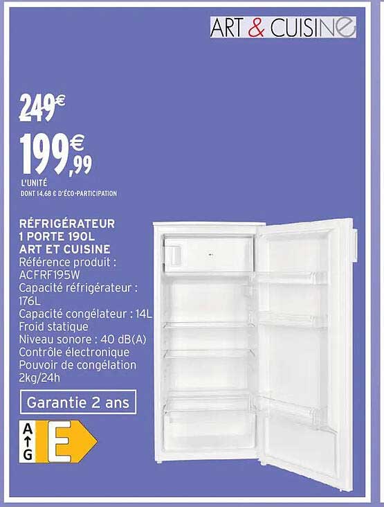 Promo Réfrigérateur 1 Porte 190L Art Et Cuisine chez Intermarché ...
