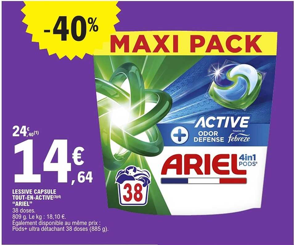 Promo Lessive Capsule Tout-En-Active « Ariel » chez E.Leclerc ...